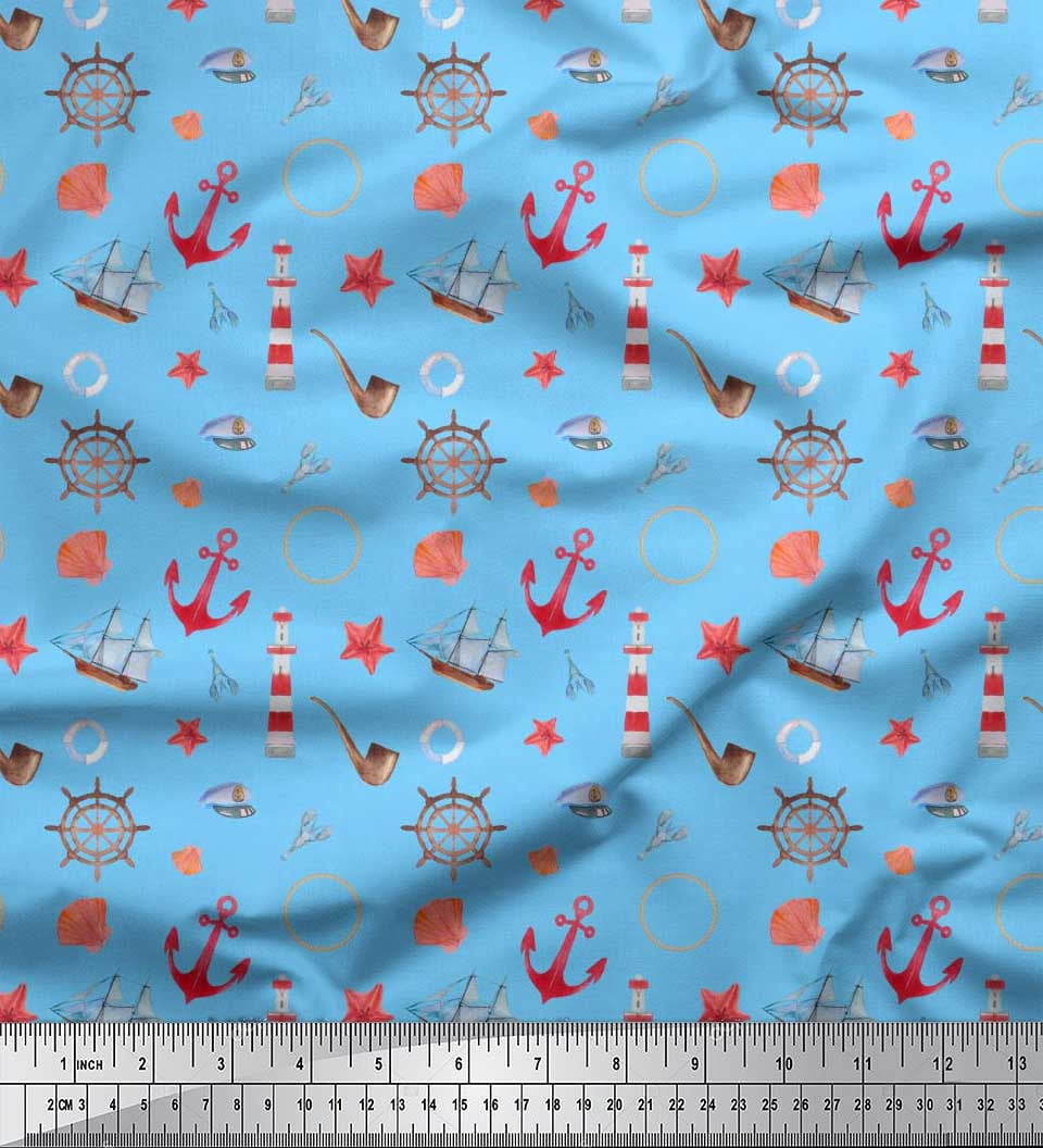 Soimoi Blue Satin Silk Fabric Ship Wheel,Anchor Hook & Yacht Nautical ...