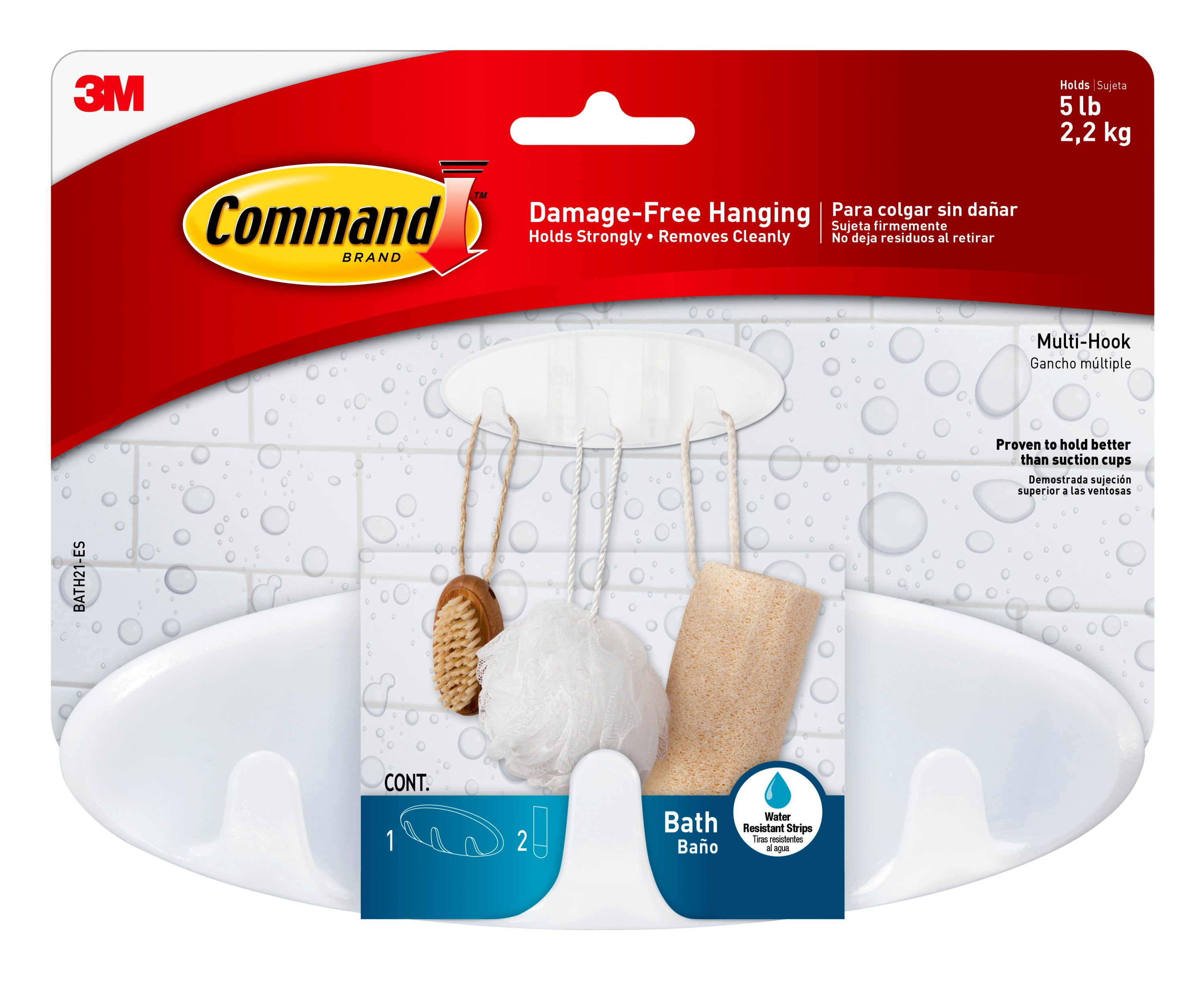 Command Bath Multi-Hook, 1 Wall Multi-hook, 2 Large Water Resistant ...