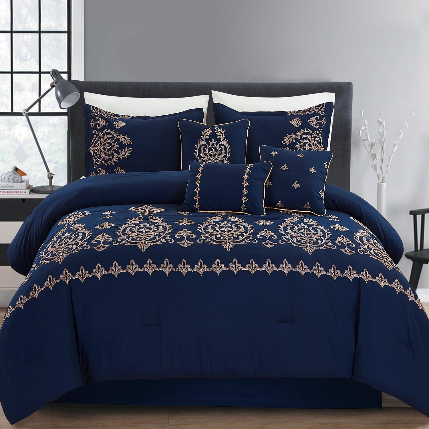 JML 7-Piece Navy Blue Comforter Set, King, With Embroidered Floral ...