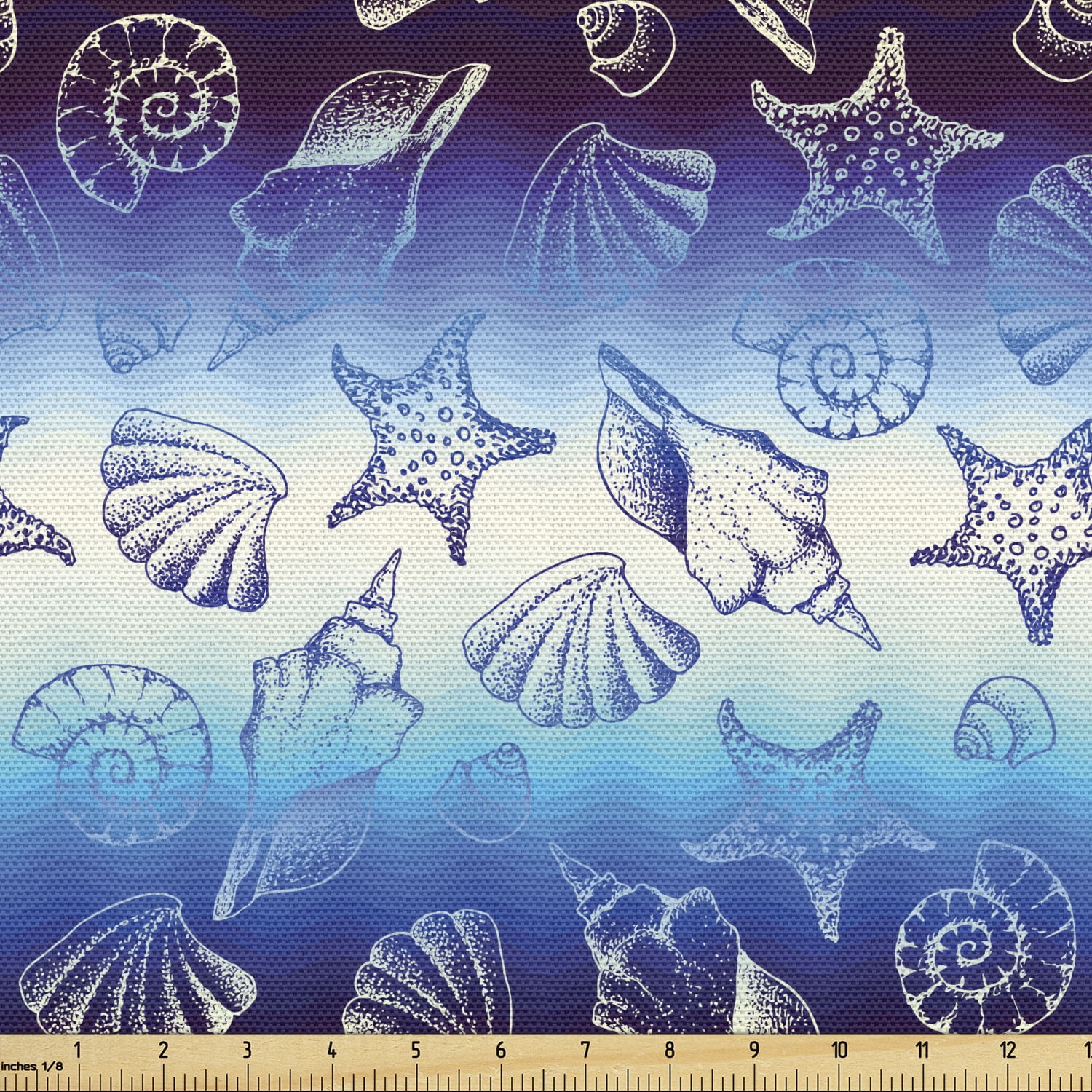 Blue Nautical Fabric by the Yard, Hand Drawn Marine Elements Starfish ...