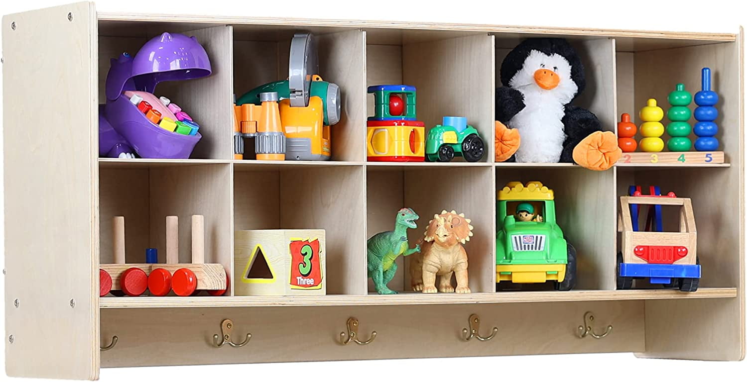 RRI Goods Wall Cubby Storage Organizer with Hooks, Natural Wooden ...