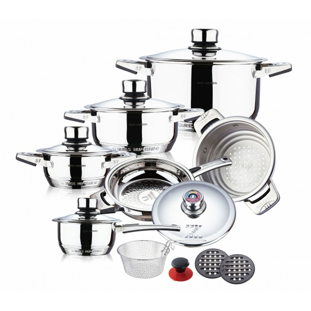 SWISS HUFEISEN 16 Pc Stainless Steel 9 Ply Bottom Premium Cookware Set ...