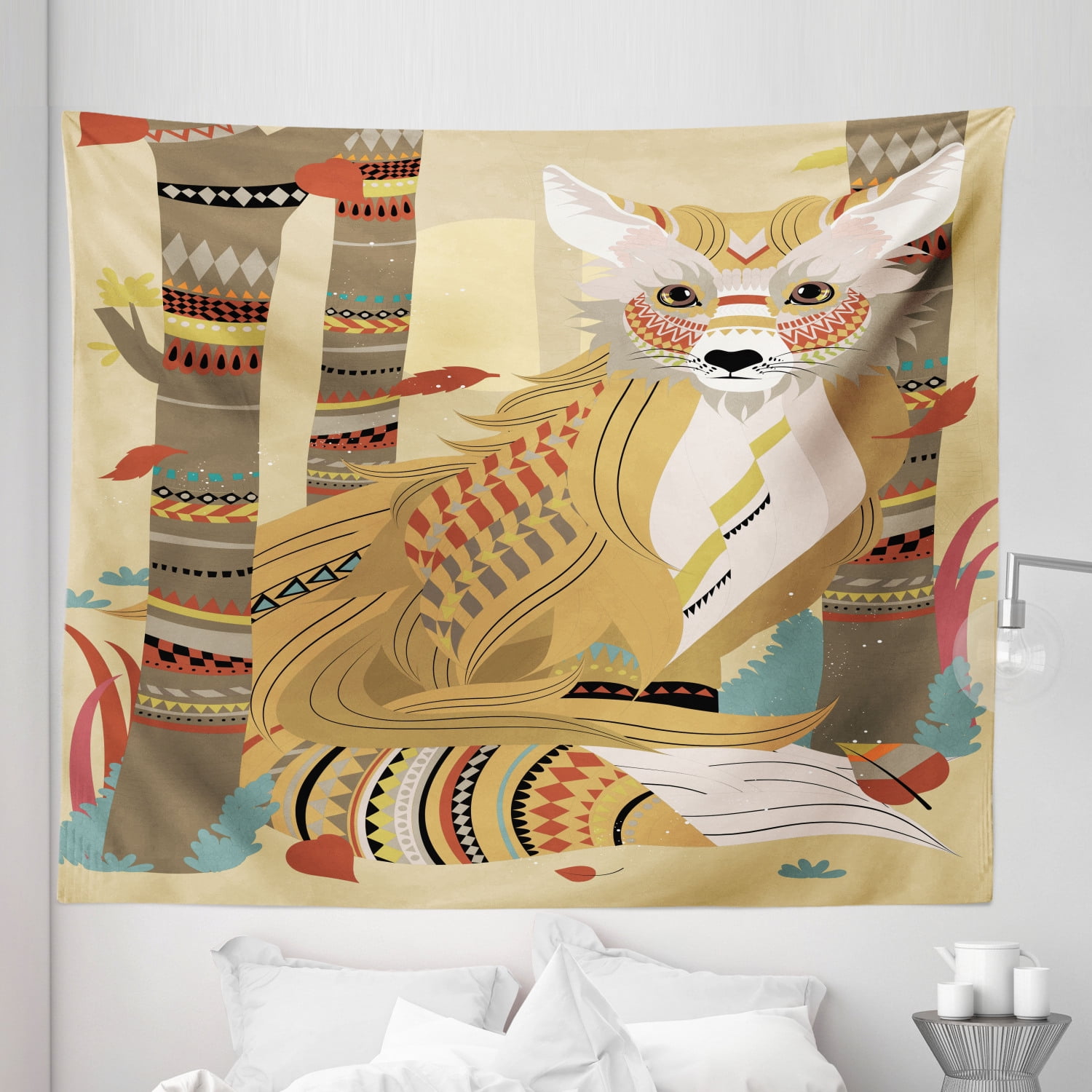 Fox Tapestry, Animal Theme a Fluffy Wild Fox in the Forest and Tree ...