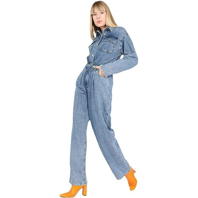 Banny Jeans ® Blue Denim jumpsuits for women Short Sleeve Belted ...