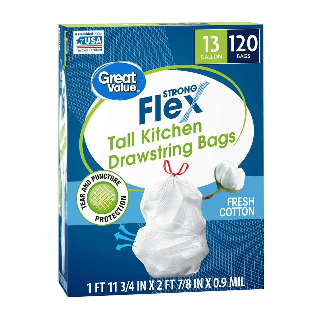 Great Value Strong Flex Tall Kitchen Trash Bags, 13 Gallon, 120 Bags ...
