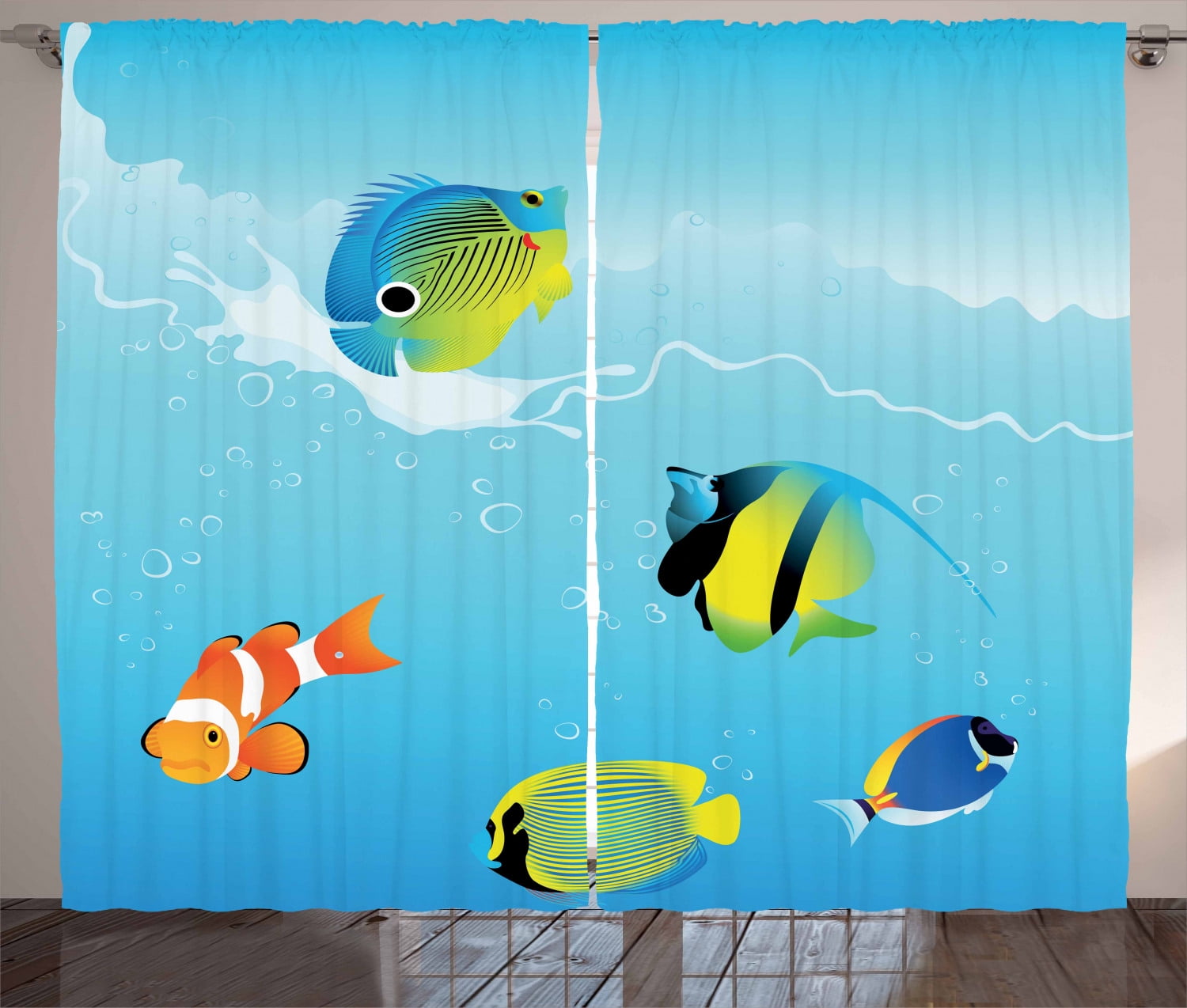 Ocean Curtains 2 Panels Set, Nautical Navy Deep Sealife Image with ...