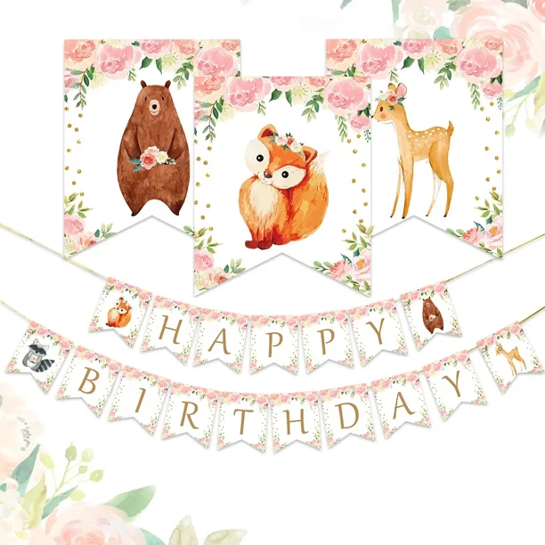 Woodland Happy Birthday Banner, Forest Animal Creatures Bunting Banner ...