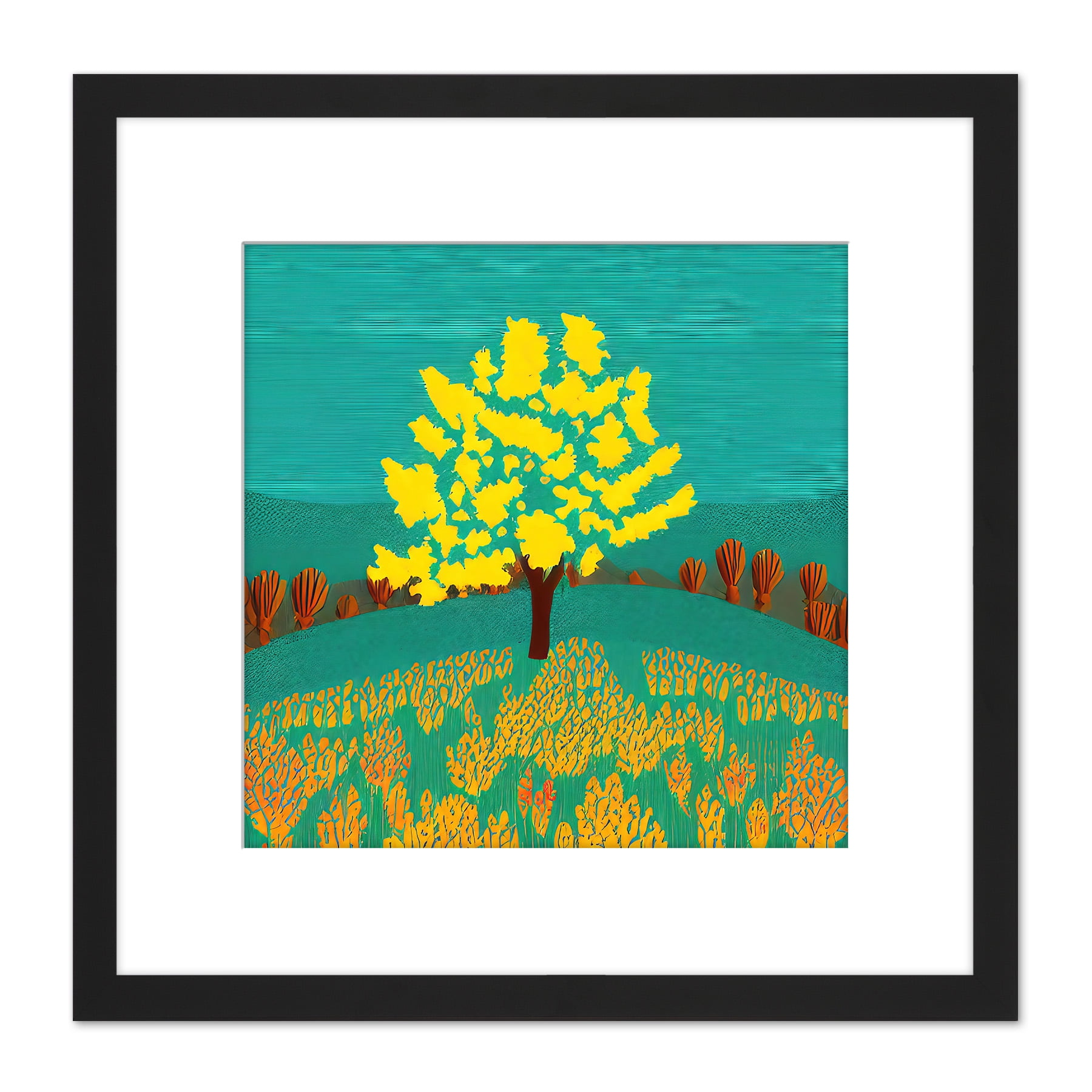 Bright Yellow Tree On Turquoise Hill Modern Autumn Illustration Square ...