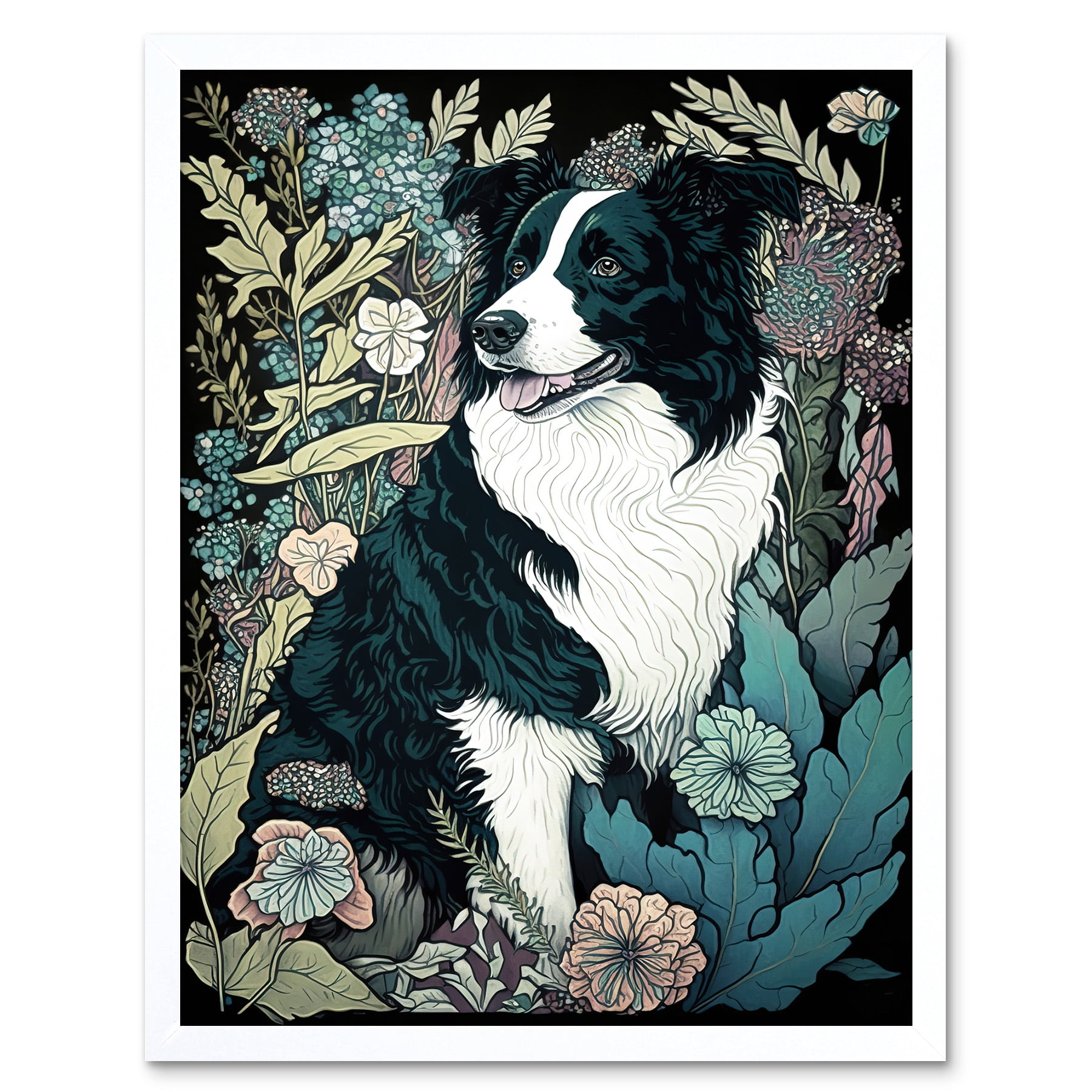 Border Collie Dog in Wildflower Field Modern Illustration Art Print ...
