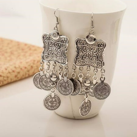 Gypsy Beachy Ethnic Tribal Drop Earrings Silver Turkish carving Coin ...