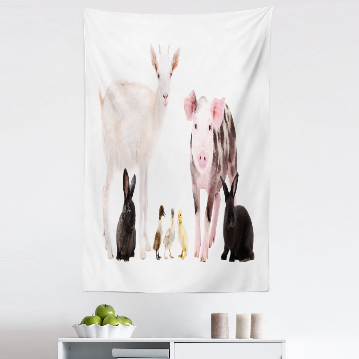 Farm Animal Tapestry, Studio Shot of Domestic Creatures Ducks Pig Goat ...