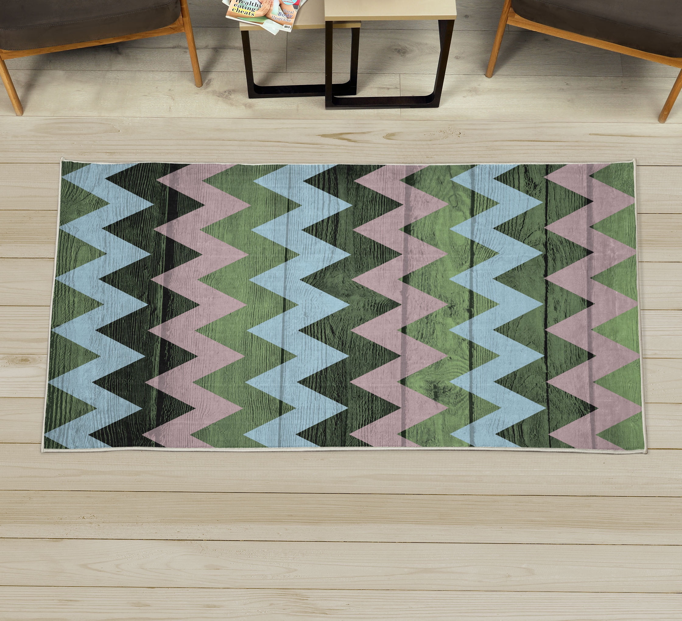 Chevron Decorative Rug, Zig Zag Lines Pattern on Wooden Looking ...