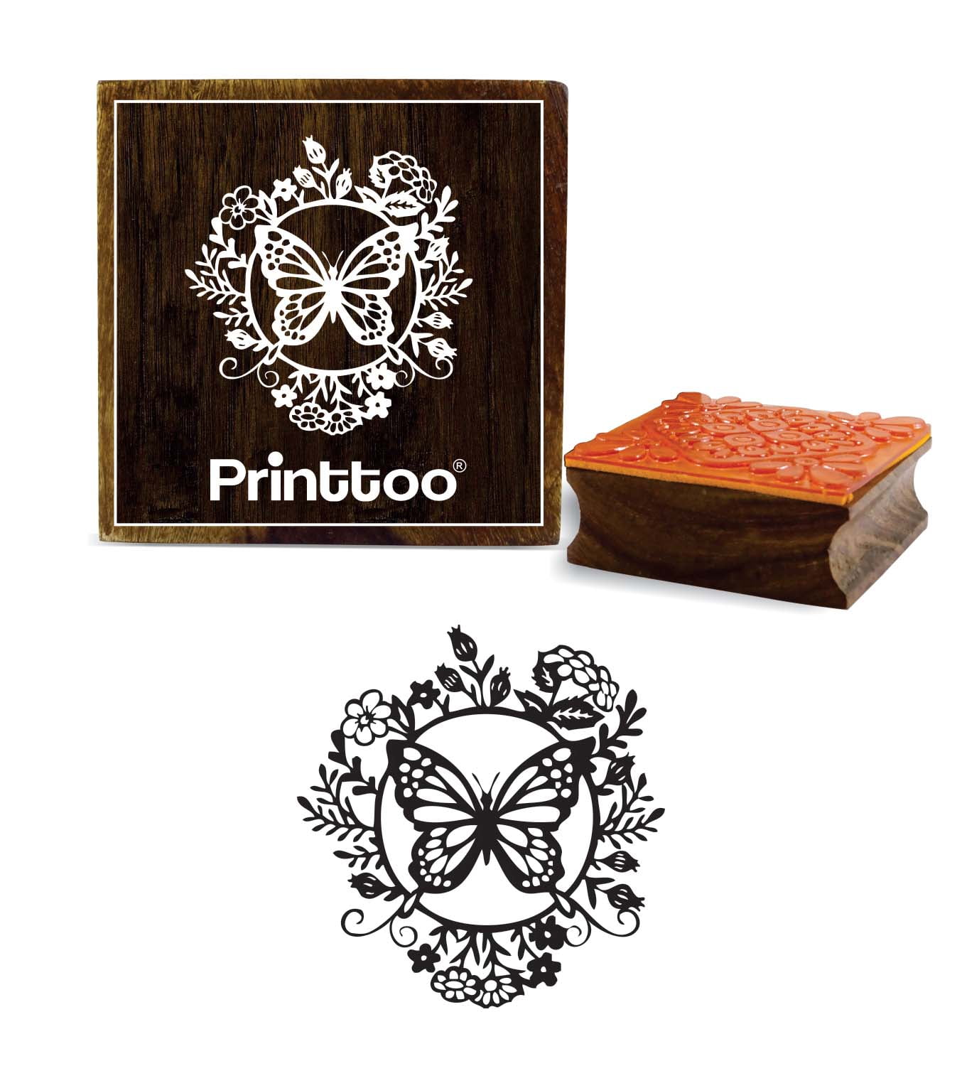 Printtoo Brown Wooden Rubber Stamp Butterfly With Floral Square Craft ...