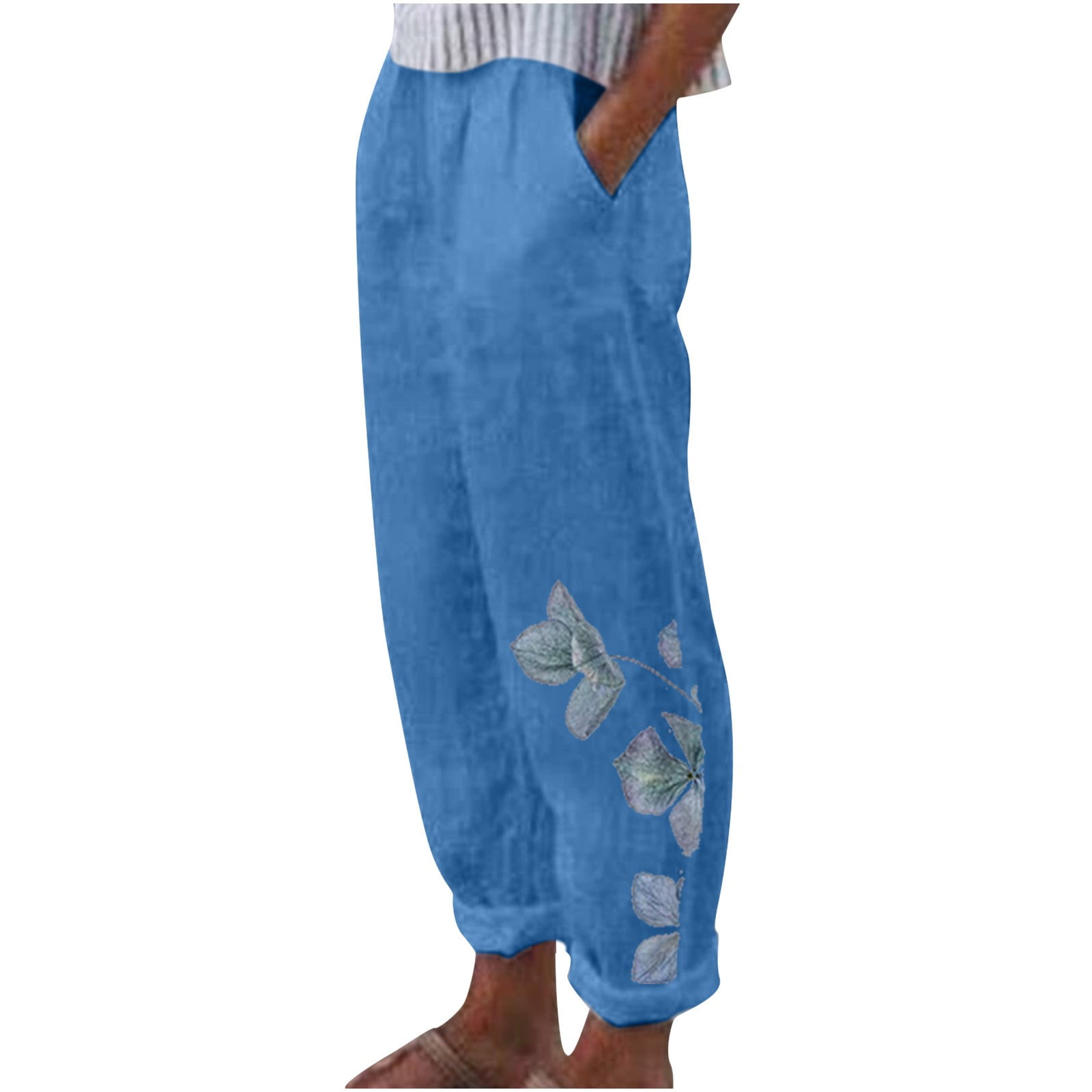 Women's Cotton Linen Cropped Pants Elastic Waist Floral Printed Capris ...
