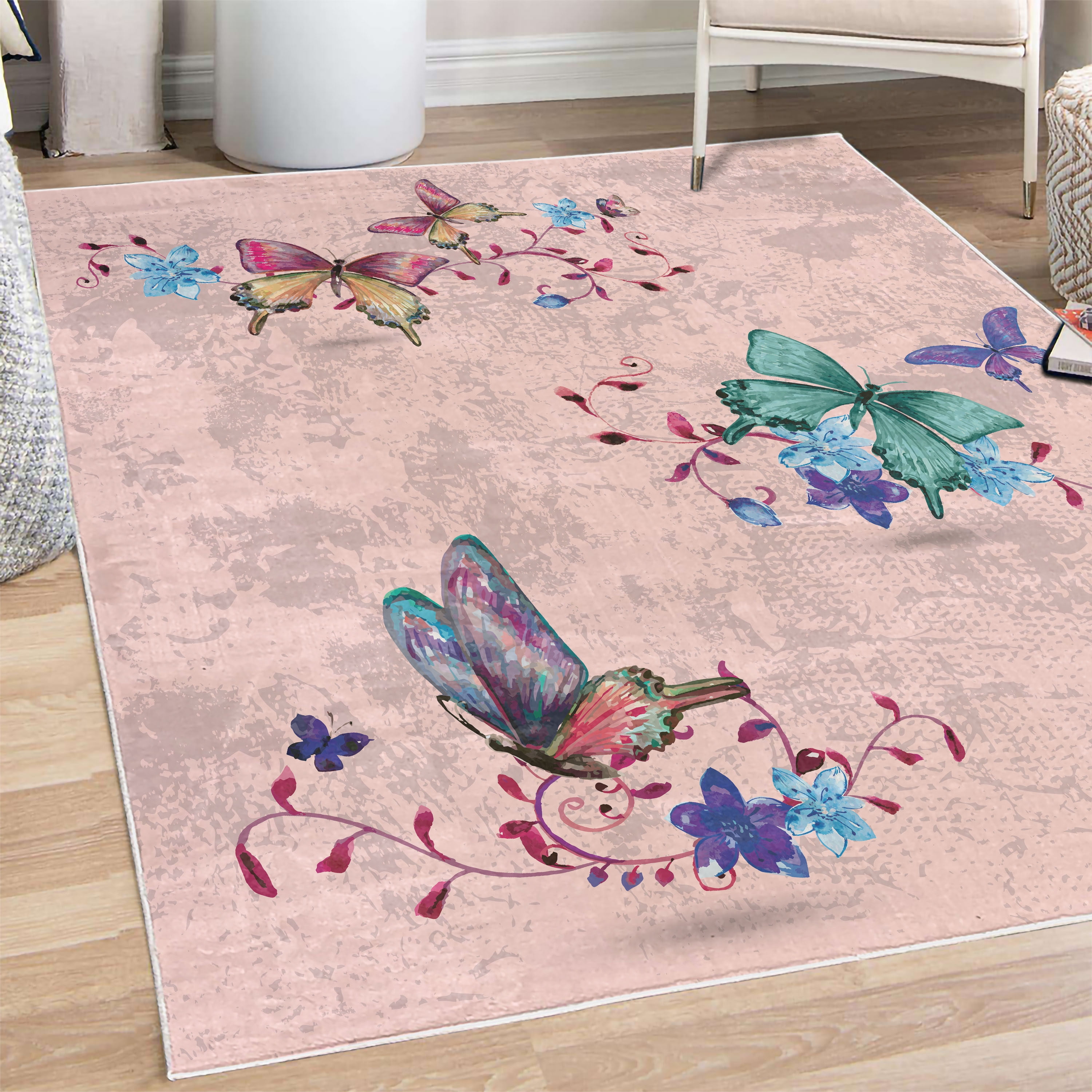 Butterfly Decorative Rug, Springtime Flying Moths on Vintage Style ...
