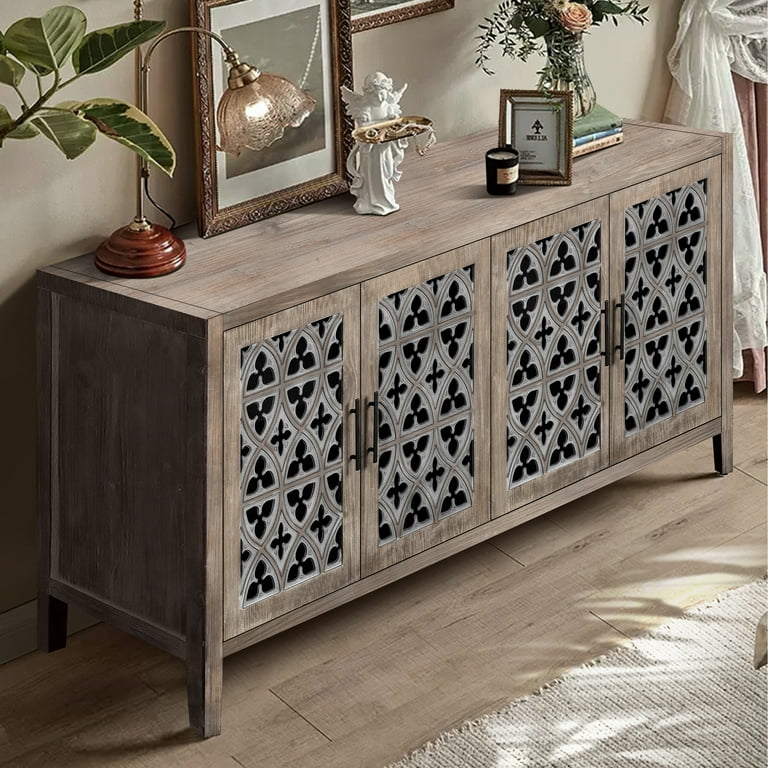 Lunale Retro Hollow Carved Storage Cabinet American Country Style Sideboard Suitable for Living Room TV Cabinet Kitchen Brown
