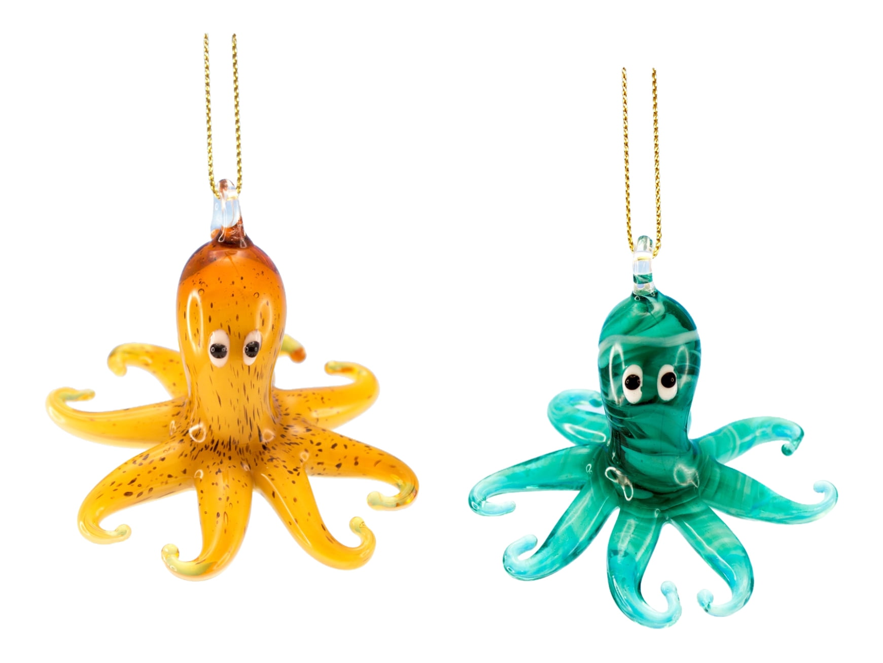 Coastal Green and Yellow Octopus Glass Christmas Holiday Ornaments Set ...