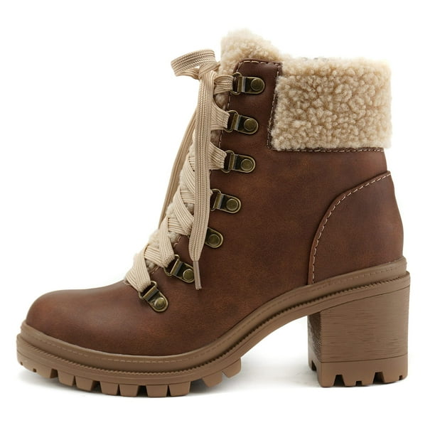 Soda Women Chunky Thick Heels Lug Sole Faux Fur Ankle Combat Boots Lace ...