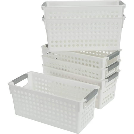 6 Pack Plastic Storage Basket, Slim White Organizer Tote Bin Shelf ...
