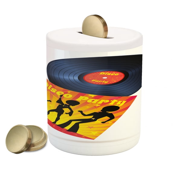 70s Party Piggy Bank, Vinyl Record Cover with Disco Party Illustration ...