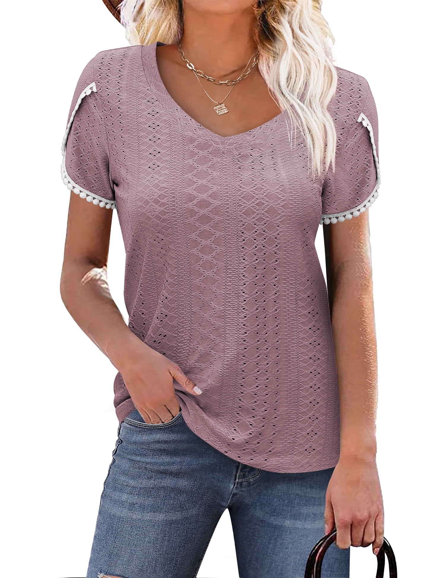 OmicGot Womens Summer Tops Lace Crochet Short Sleeve T-Shirts V Neck ...