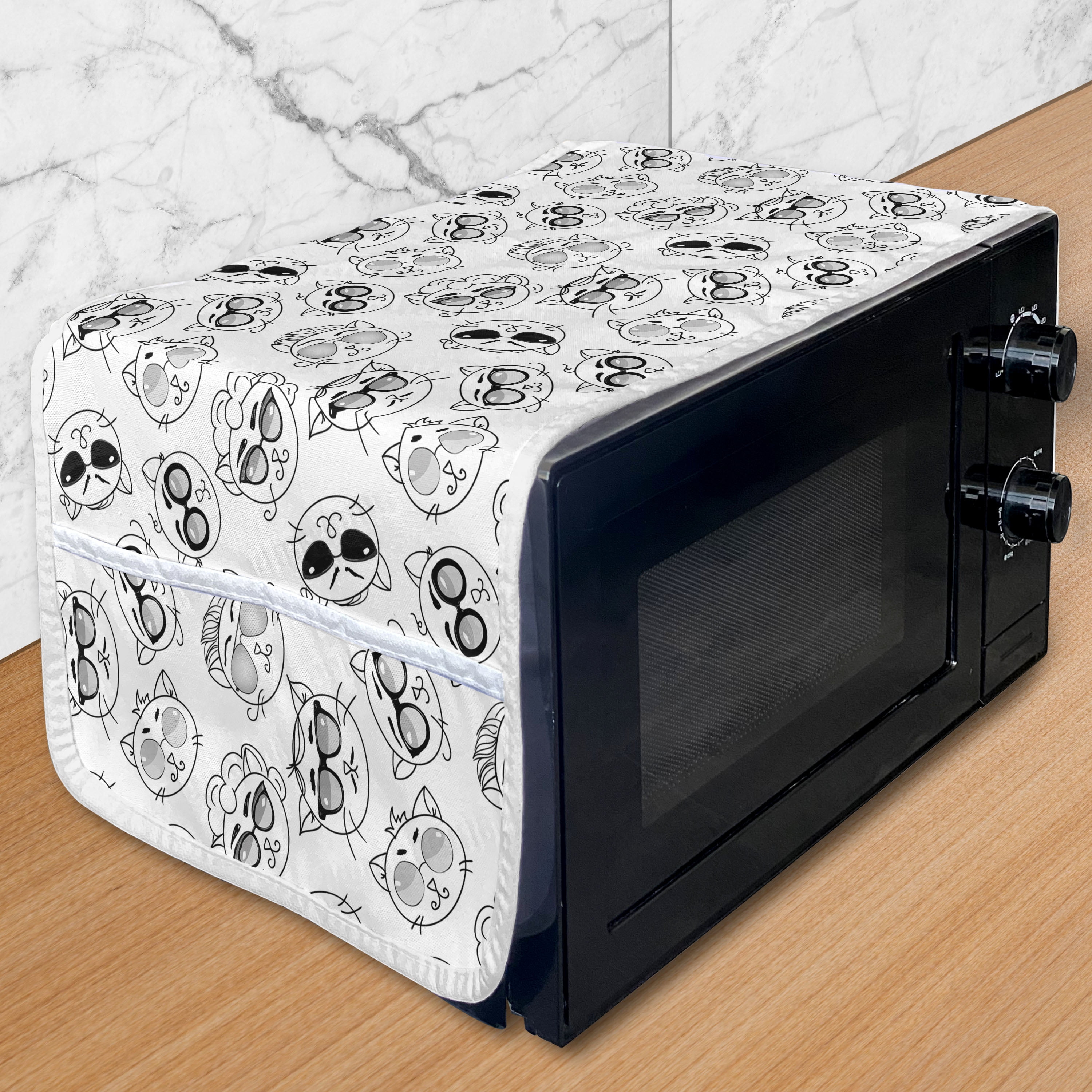 Cat Microwave Oven Cover, Cartoon Kittens with Glasses Sketch Print on ...