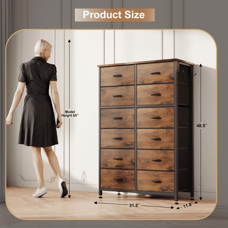 AOWOS 12 Drawer Dresser Dressers for Bedroom Chest of Drawers Tall Dresser Fabric Long Dresser for Kids and Adults Steel Frame and Wooden Top Brown