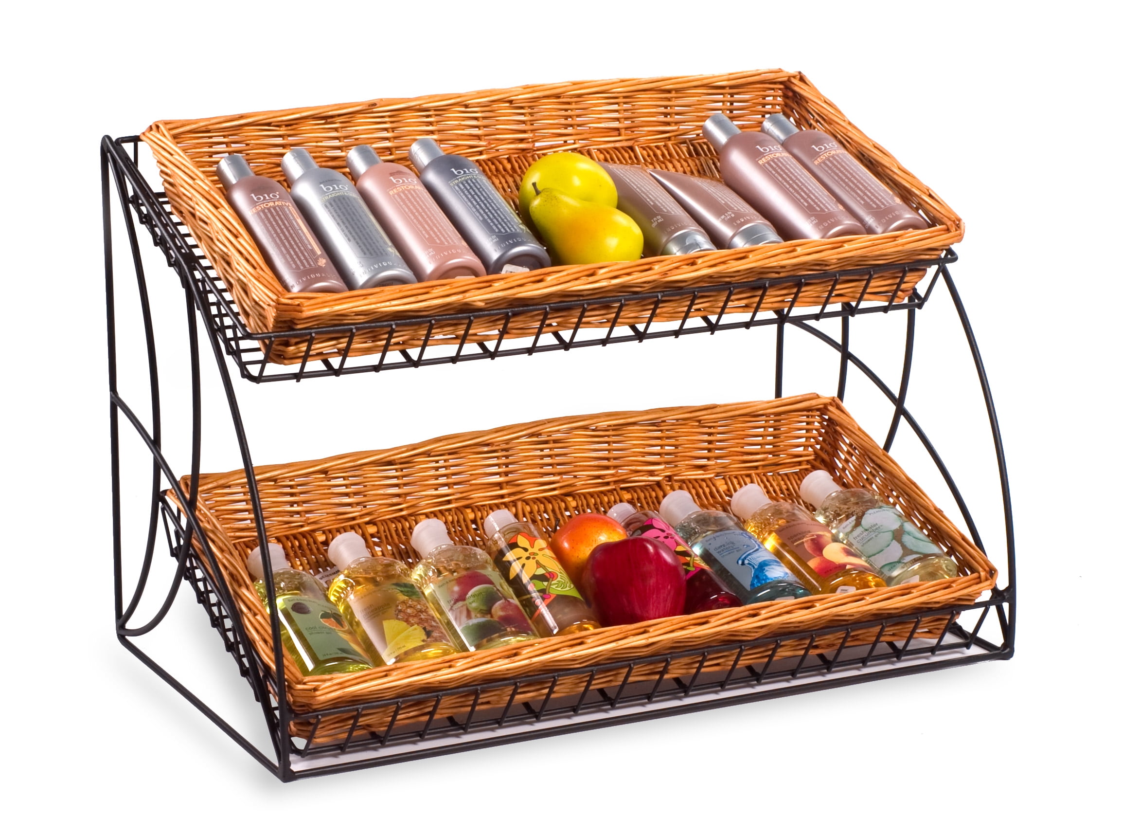 Tiered Black Wire Rack With 2 Handmade Wicker Baskets, Free-Standing ...