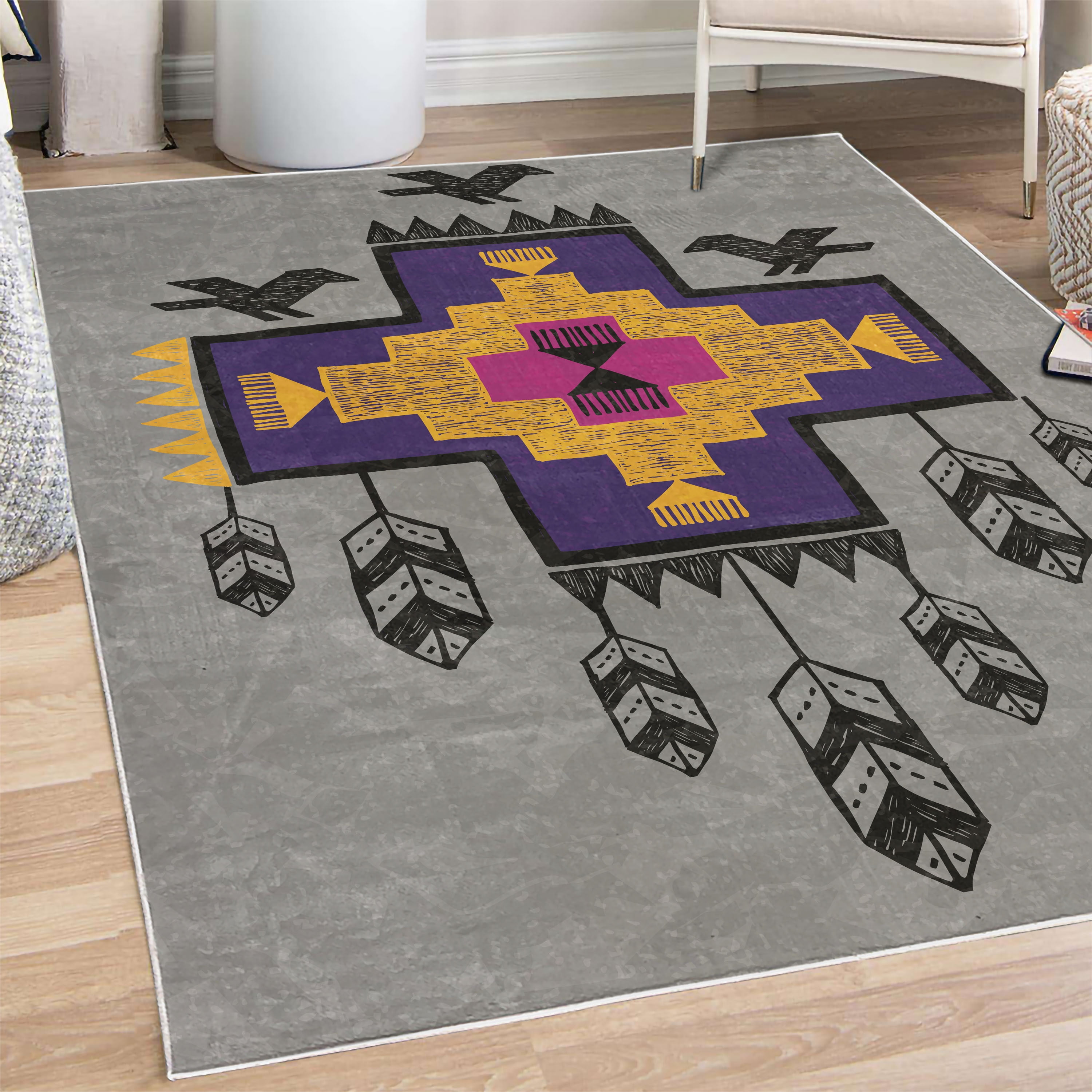 Tribal Decorative Rug, Hand Drawn Dreamcathcher Folkloric Birds Image ...