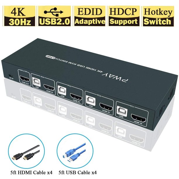 PW-S7402H HDMI KVM Switch 2 Port Box, UHD 4K@60Hz YUV4:4:4, USB 2.0 Hub ...