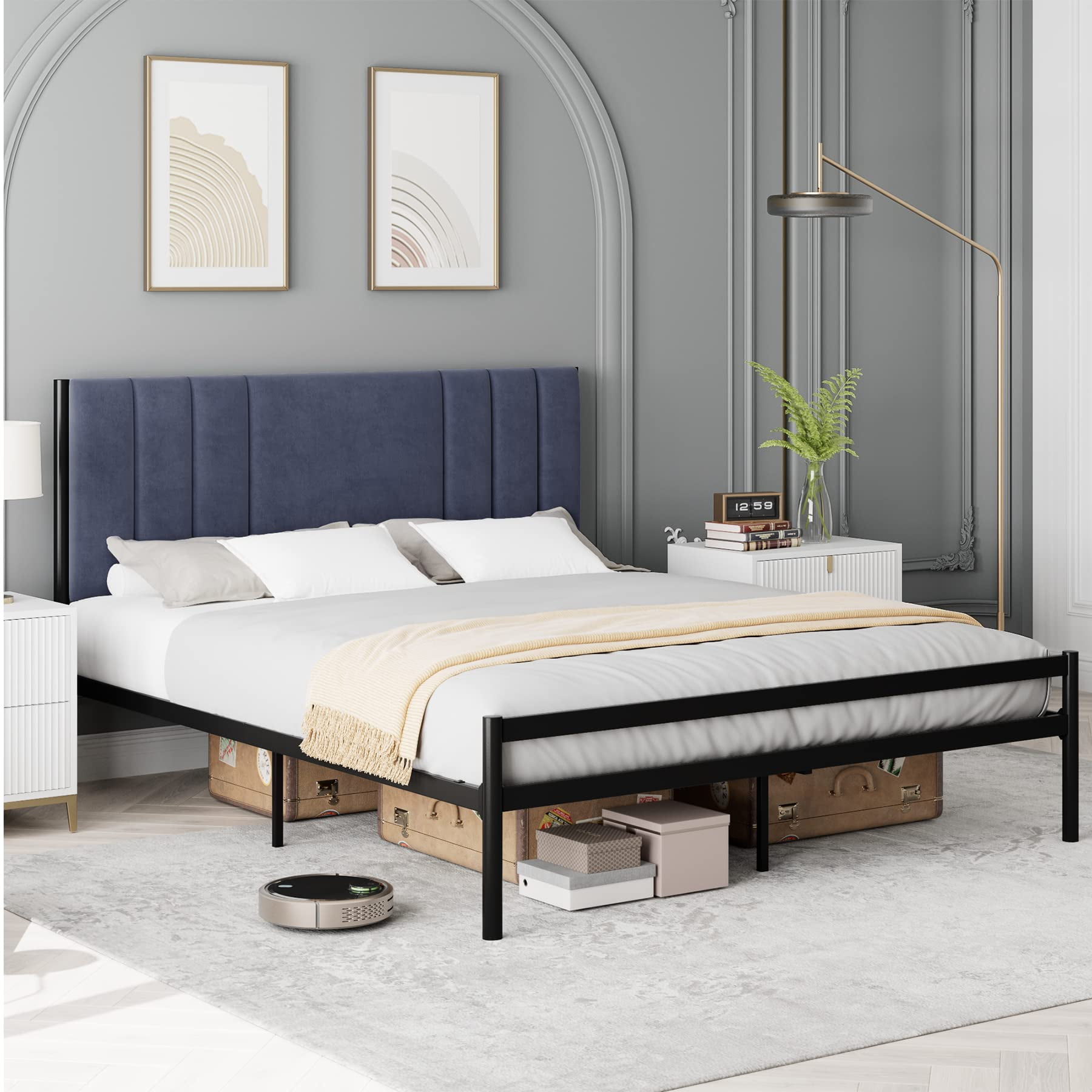Twin Bed Frame, Platform Bed Frame with Velvet Headboard, Heavy Duty ...