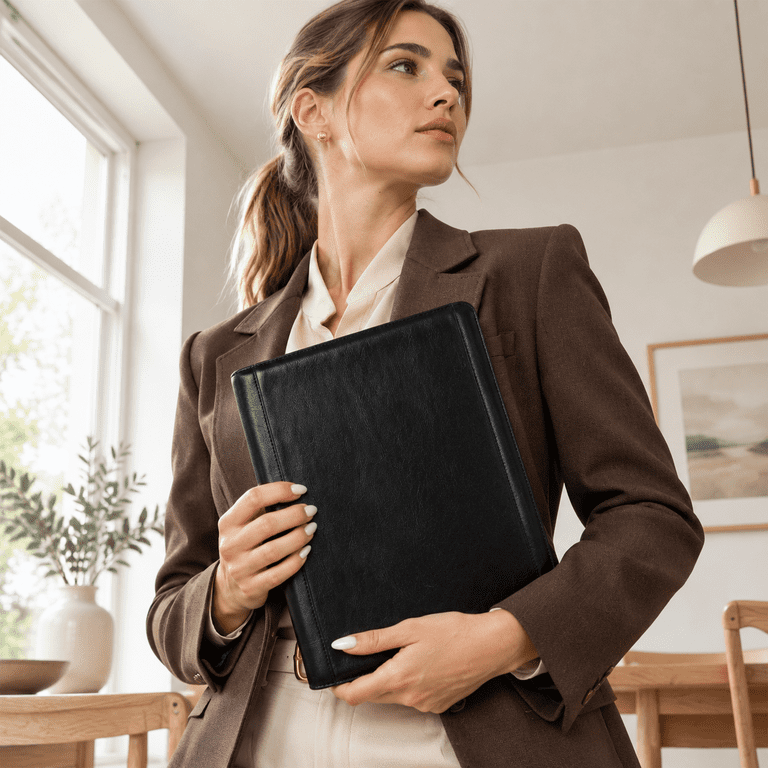 Black Leather Portfolio Small Briefcase for Tablet and Documents ...