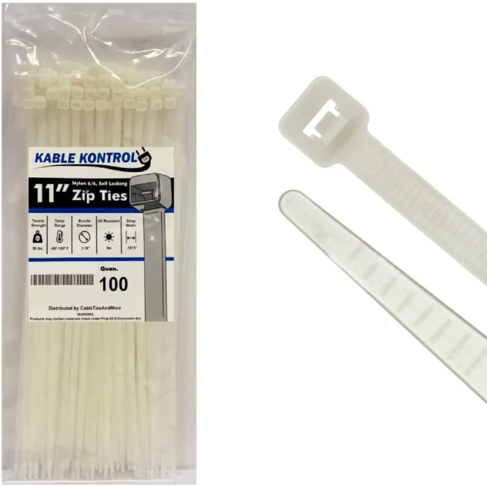 Kable Kontrol Clear Zip Ties - 11" Inch Long - Natural Nylon - 50 Lbs Tensile Strength - 100 pc ...