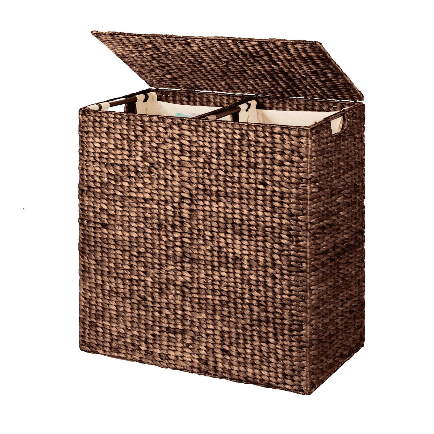 Espresso 2-Bin Handwoven Hyacinth Linen Liner Laundry Hamper w/ Handles ...