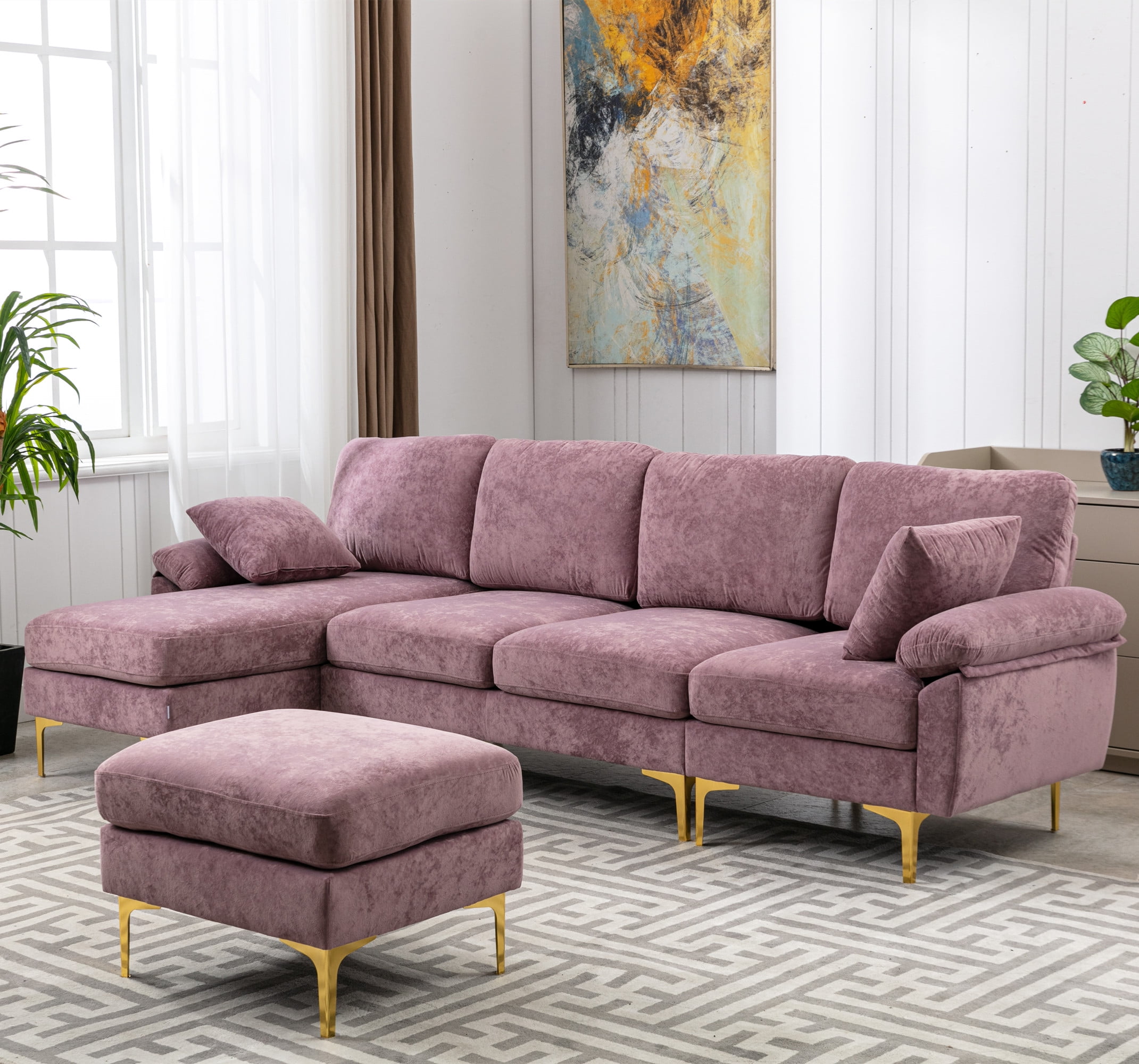 Upholstered Sectional Sofa with Movable Ottoman and Metal Legs, Modern ...