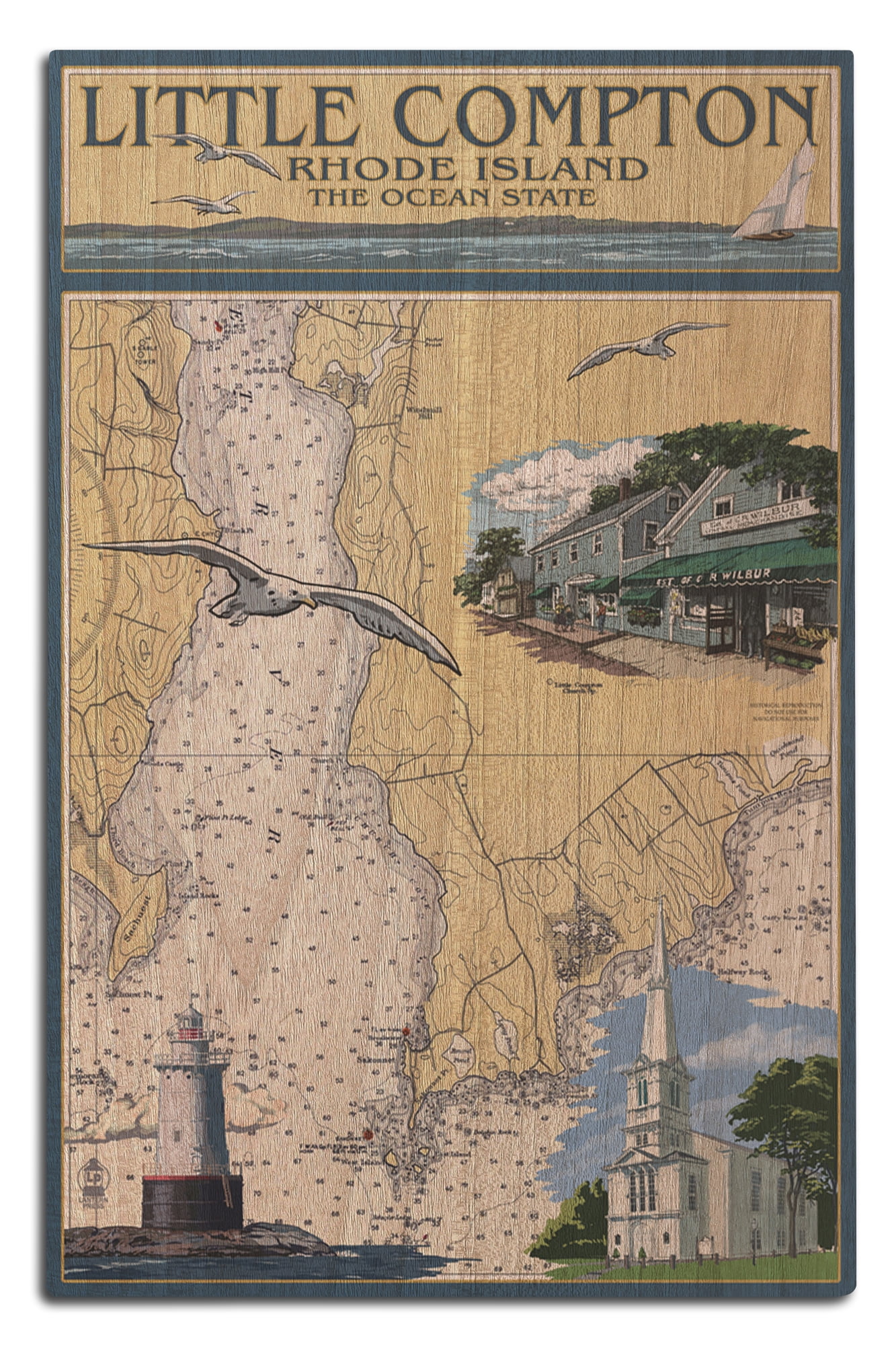 Little Compton, Rhode Island Chart Birch Wood Wall Sign (12x18 Rustic ...