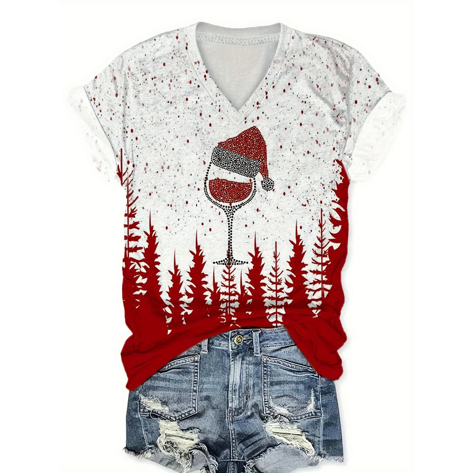 Click here for Yyfashion Festive Christmas Wineglass Print V Neck... prices