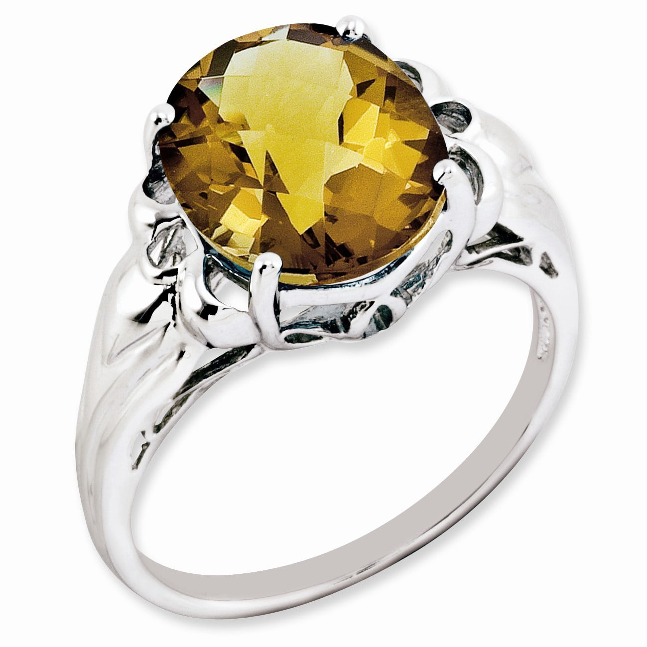 Sterling Silver Rhodium-plated Oval Checker-Cut Whiskey Quartz Ring ...