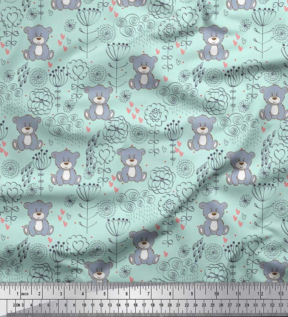 Soimoi Satin Silk Fabric Floral,Heart & Bear Kids Print Fabric by The ...