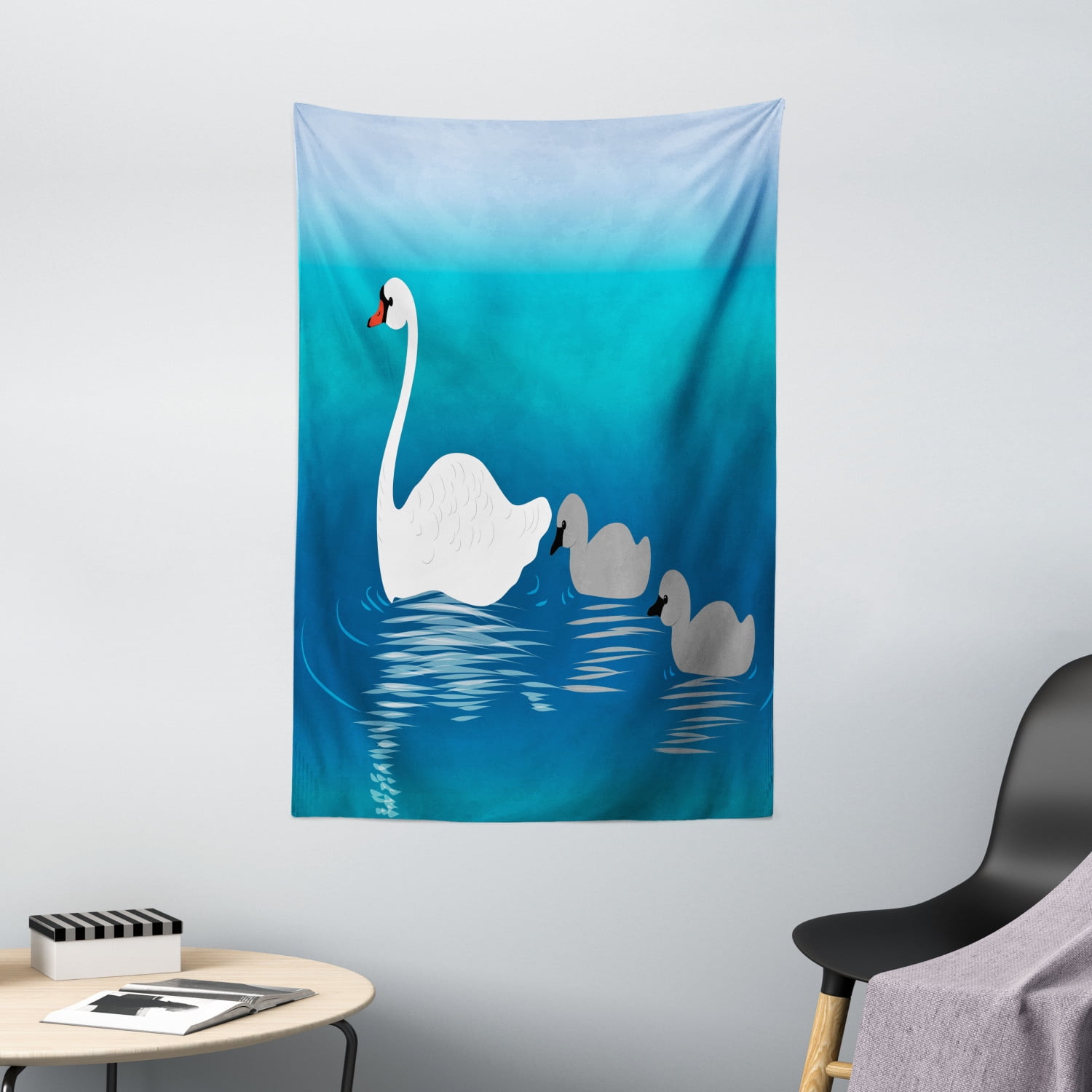 Swan Tapestry, Cartoon Animal Illustration of Mother and Baby Aquatic ...