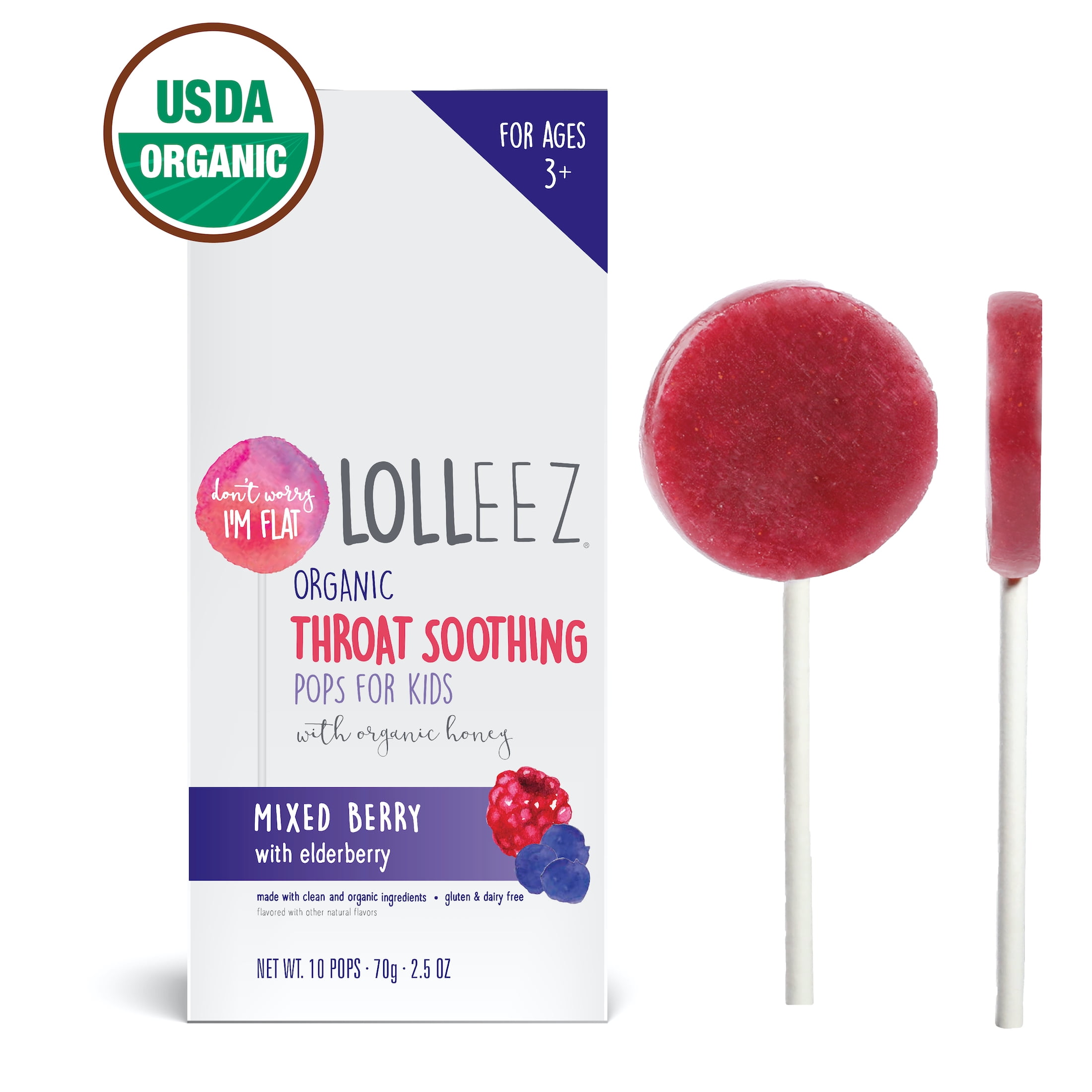 Lolleez Organic Throat Soothing Pops for Kids, Mixed Berry, 10ct ...