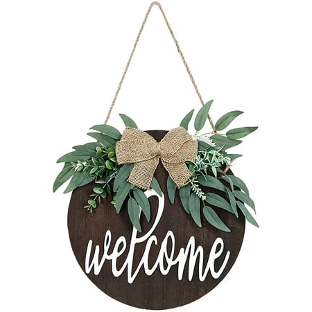 Welcome Sign with Artificial Eucalyptus for Front Door Decor, Rustic ...