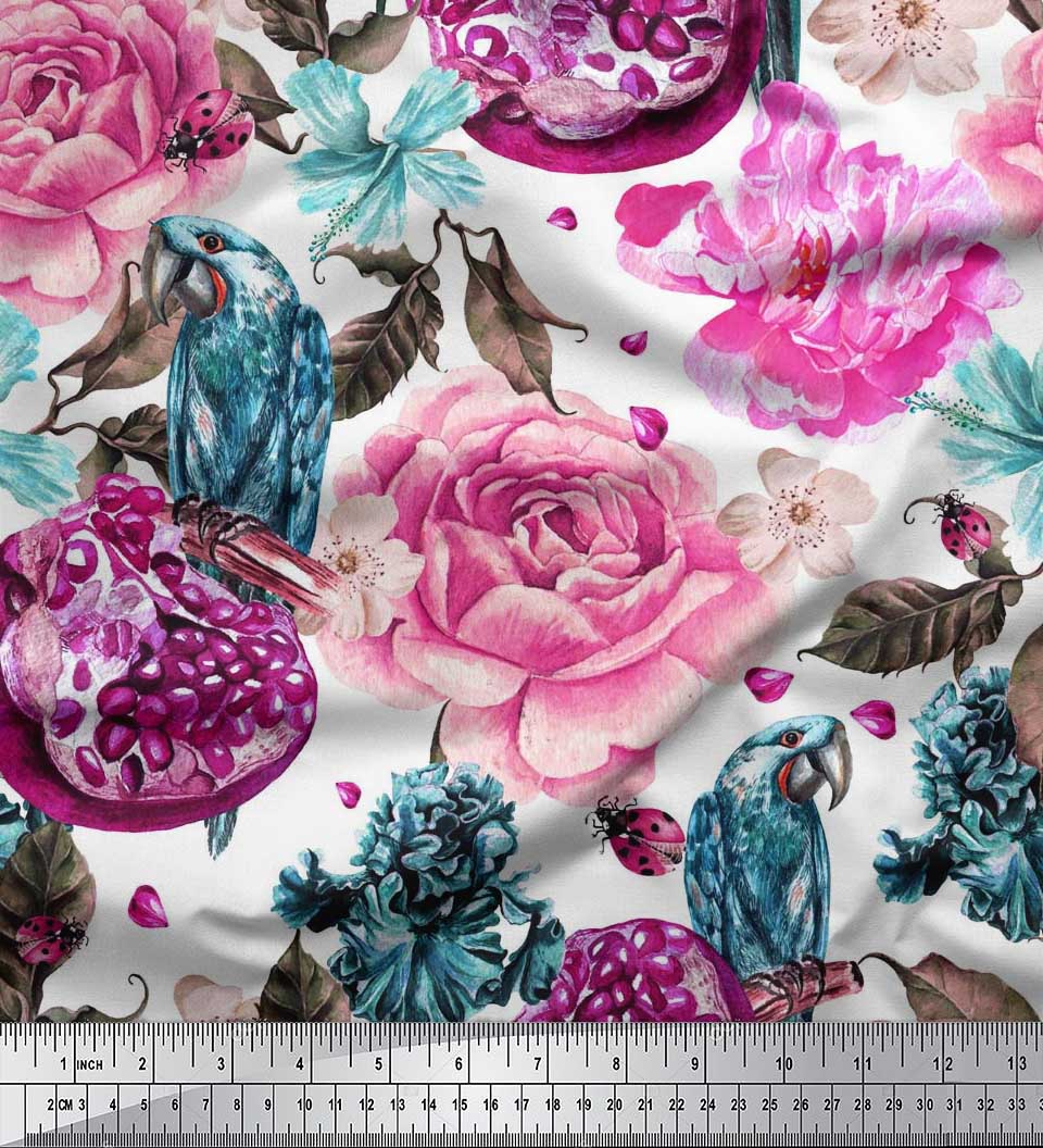 Soimoi Velvet Fabric Parrot,Pomegranate & Rose Flower Print Fabric by ...