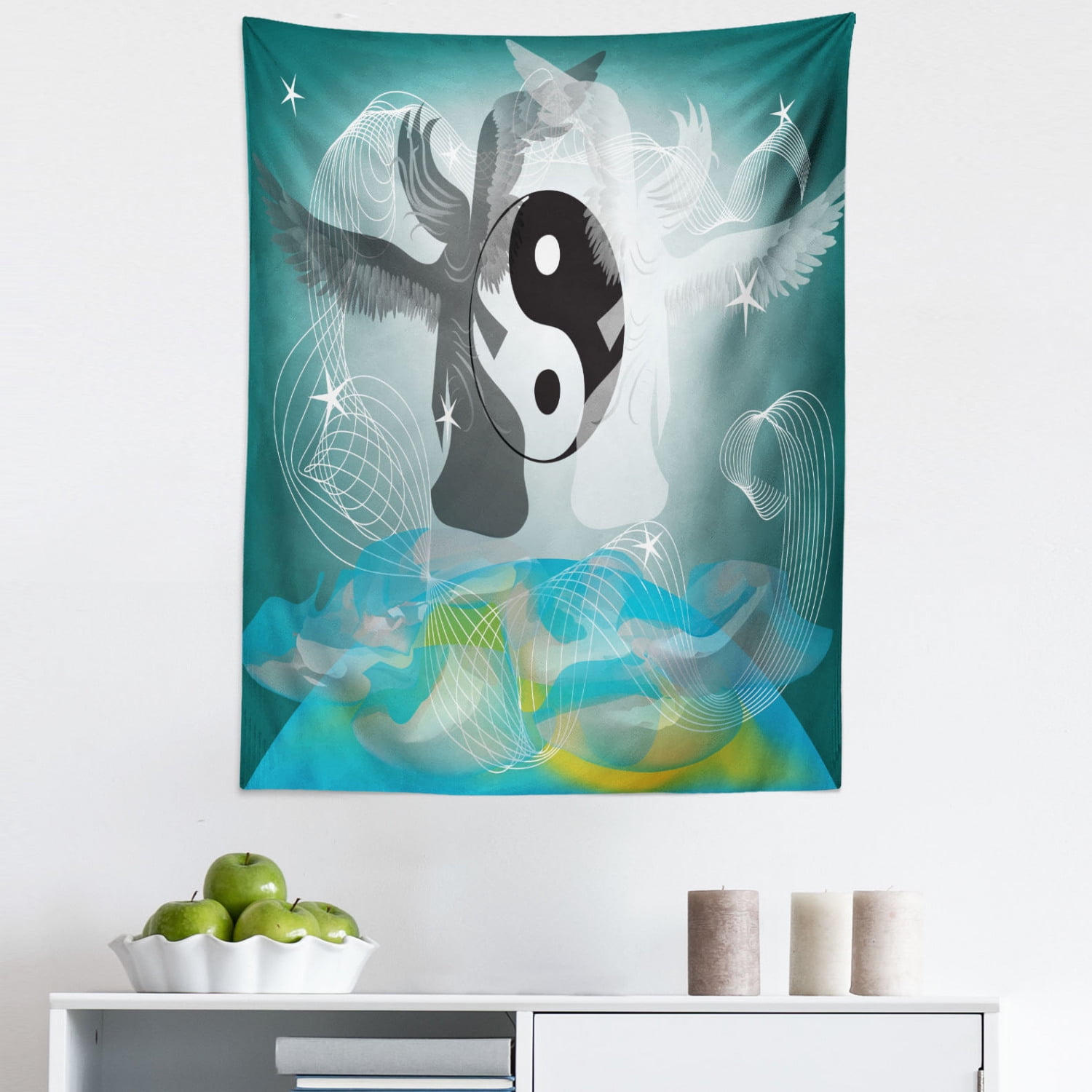 Yin Yang Tapestry, Abstract Psychedelic Background with Flying Angels ...