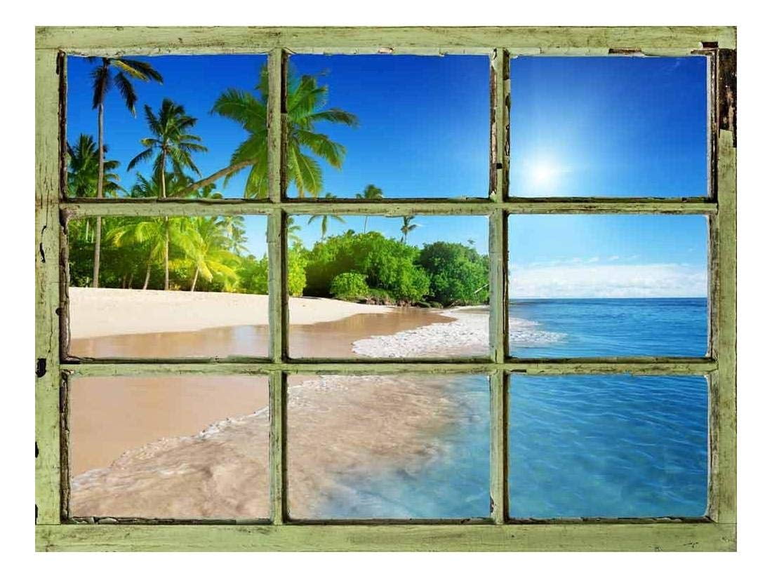 Window View Wall Mural - Tropical Beach with Palm Trees - Vintage Style ...