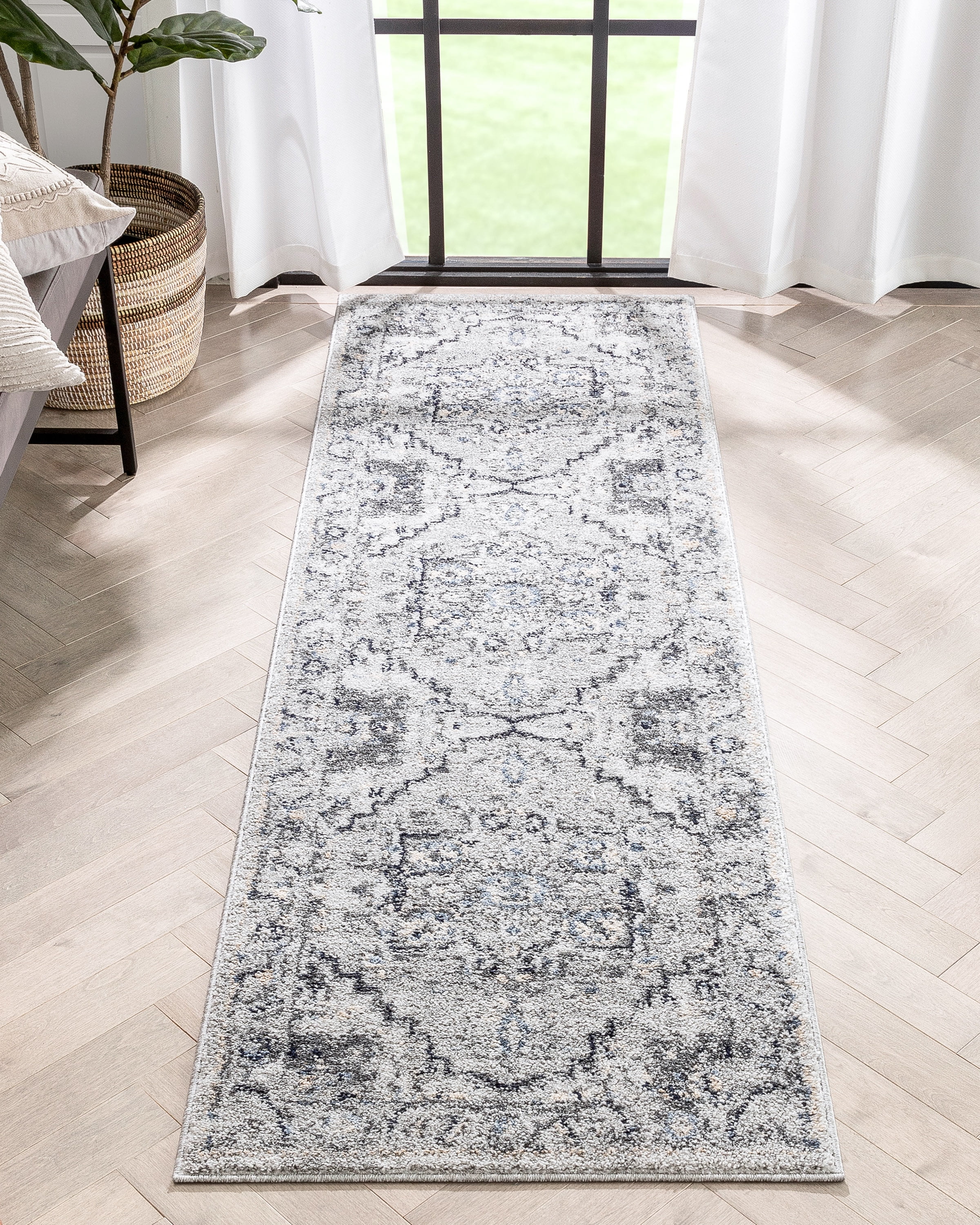 Well Woven Novriku Grey Blue Persian Floral Medallion 3x7 (2'3" x 7'3 ...