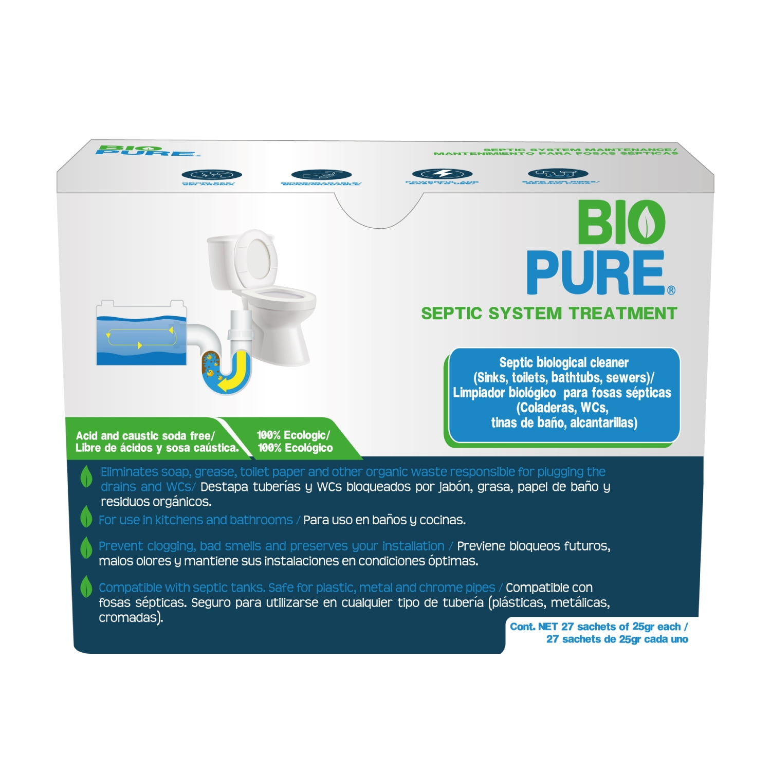 Sachets- Tratamiento para fosas sépticas- Fórmula biológica Biopure 27 ...