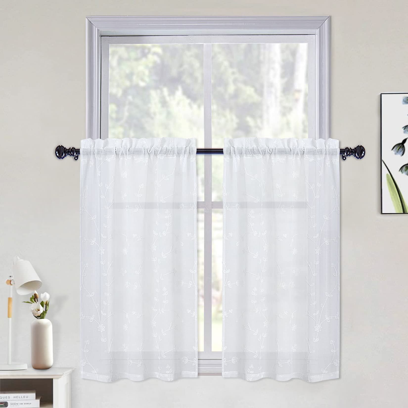 HA-EMORE Sheer Valance Curtains Short, Leaf Embroidered Kitchen Sheer ...