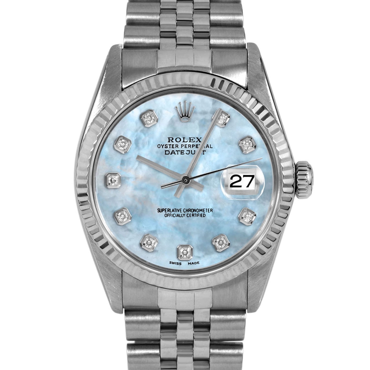 Pre-Owned Rolex 16014 Men's 36mm Datejust Wristwatch Light Blue Mother ...