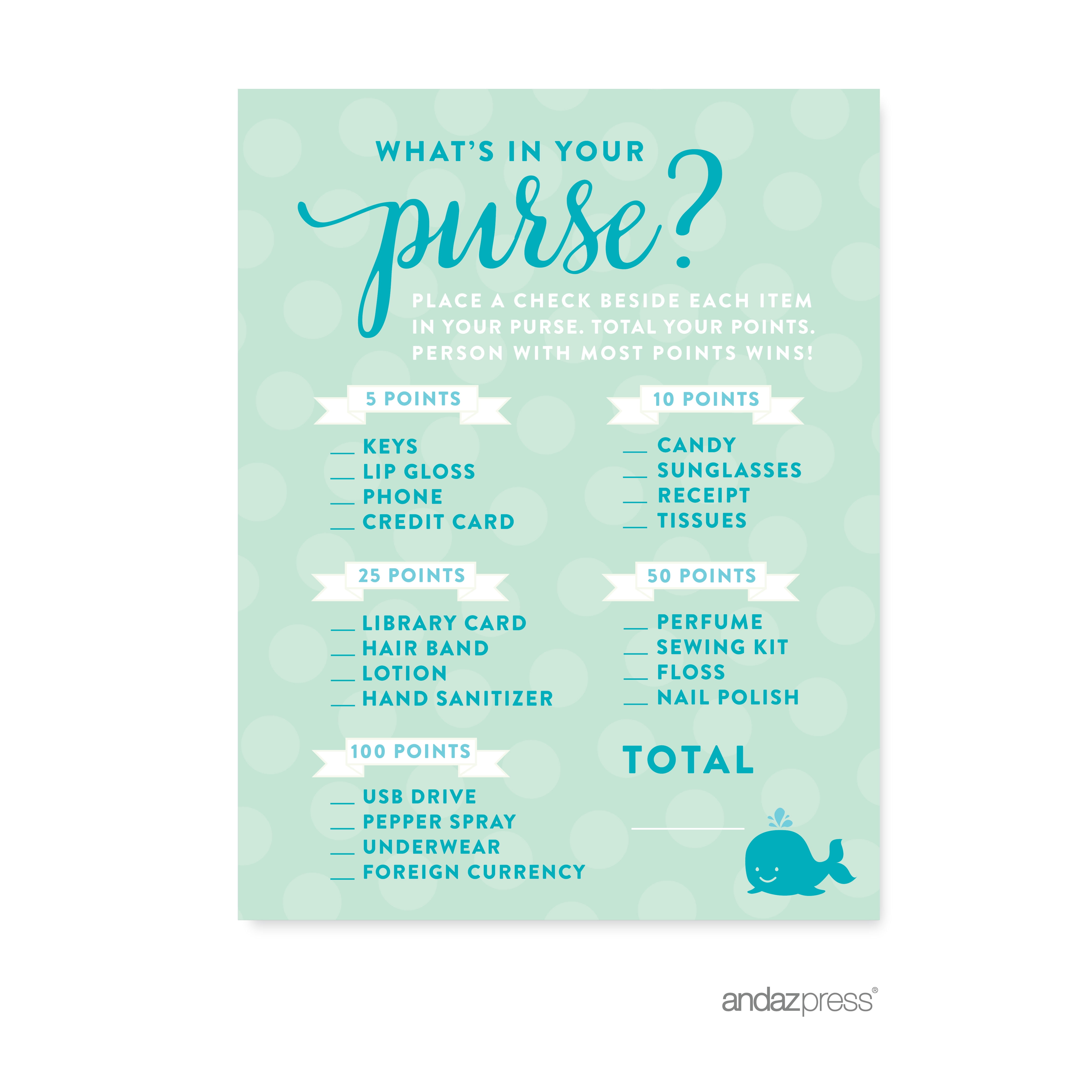 What's In Your Purse? Boy Whale Nautical Baby Shower Games, 20-Pack ...